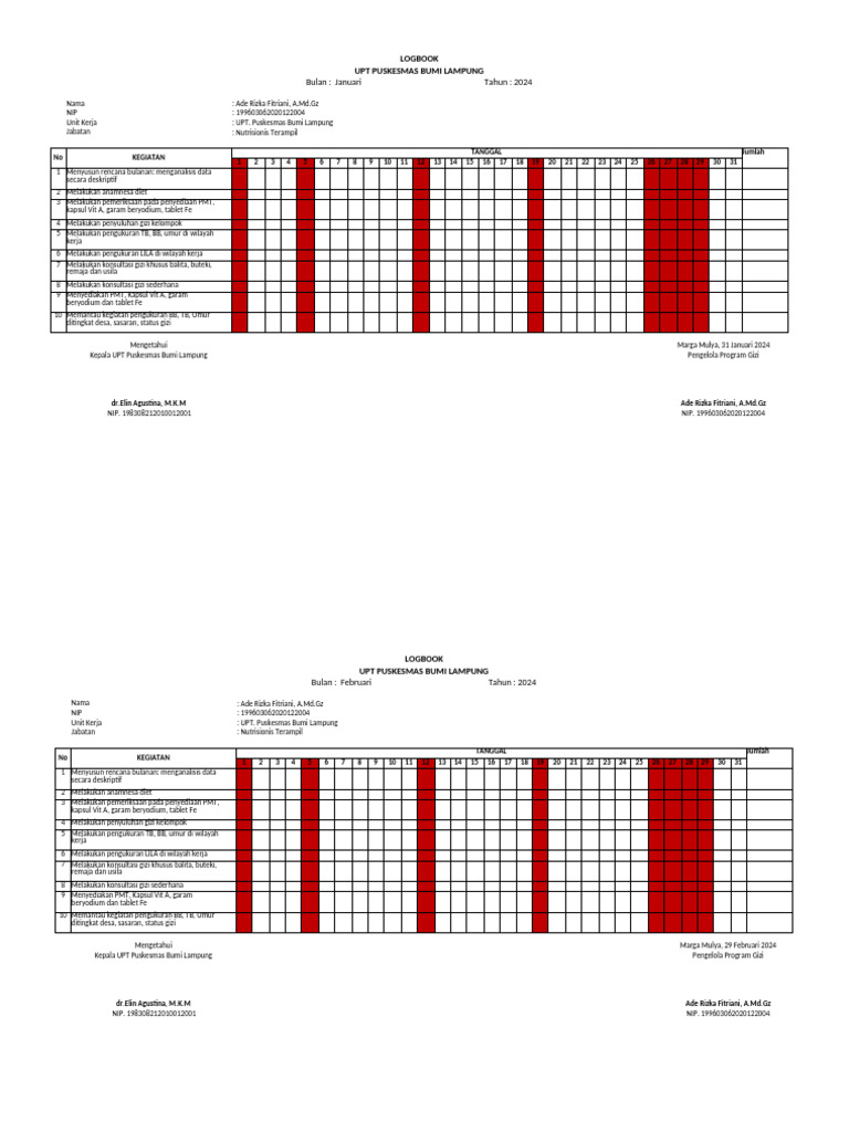 Logbook Kegiatan Gizi Puskesmas 2024 | PDF
