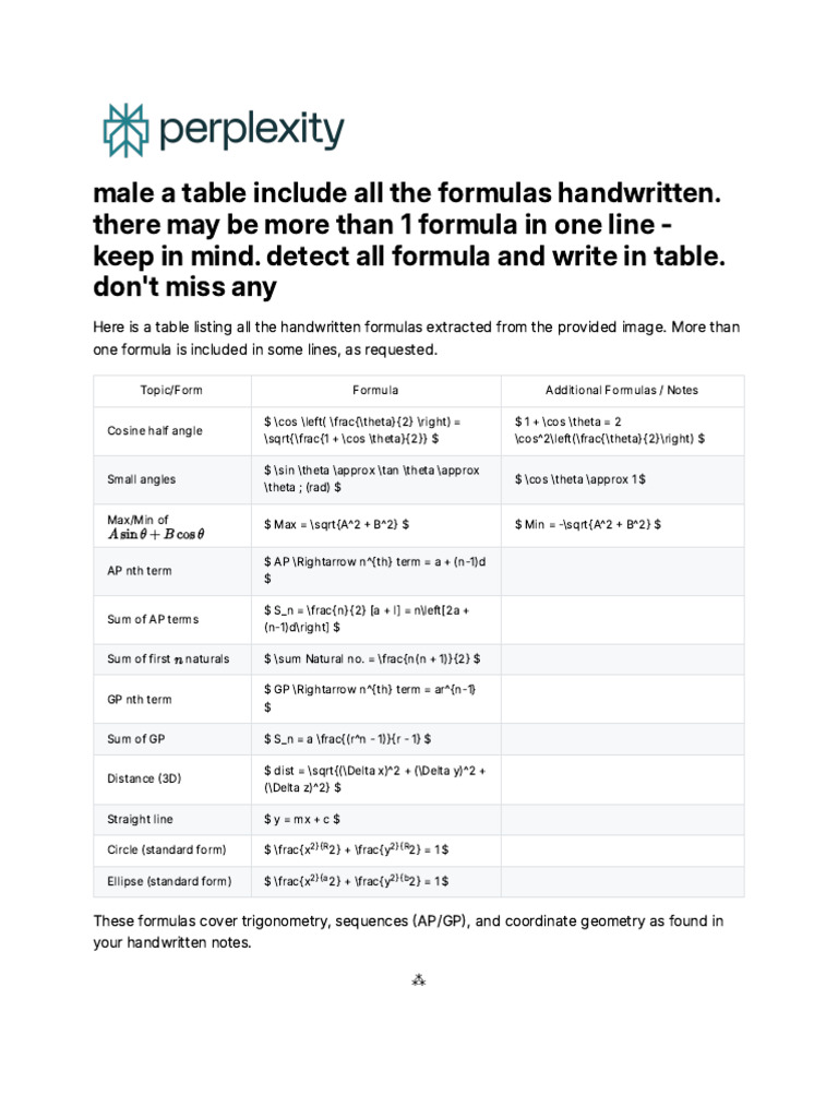 Male A Table Include All The Formulas Handwritten. | PDF