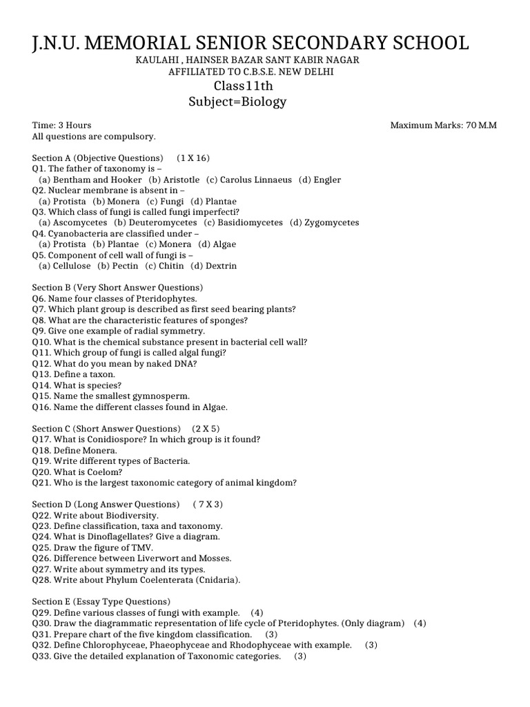 Class 11 Biology Question Paper | PDF