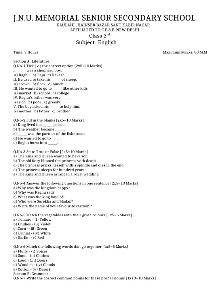 Class 3 English Exam Paper Guide | PDF