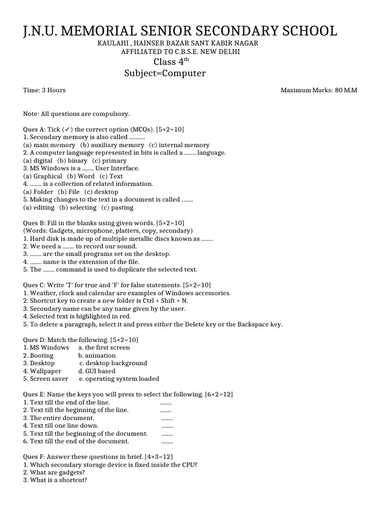 Class 4 Computer Exam Paper | PDF | Computer File | Computer Data Storage