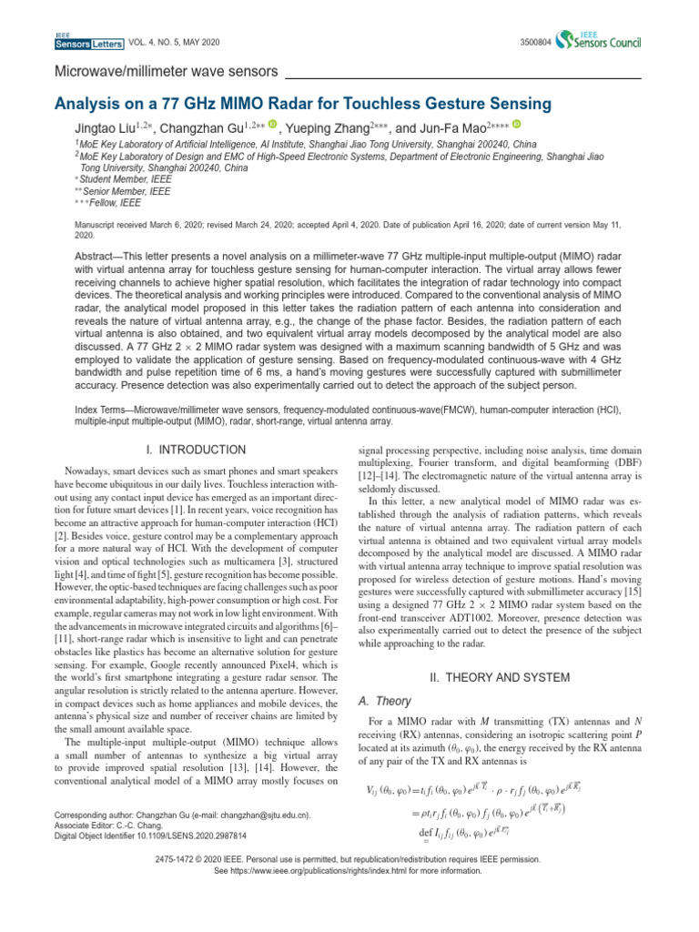05 Analysis On A 77 GHZ MIMO Radar For Touchless Gesture Sensing | PDF | Radar | Mimo