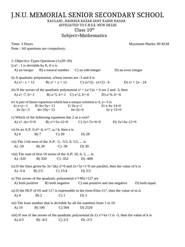 Class 10 Mathematics Exam Paper | PDF | Zero Of A Function | Quadratic ...