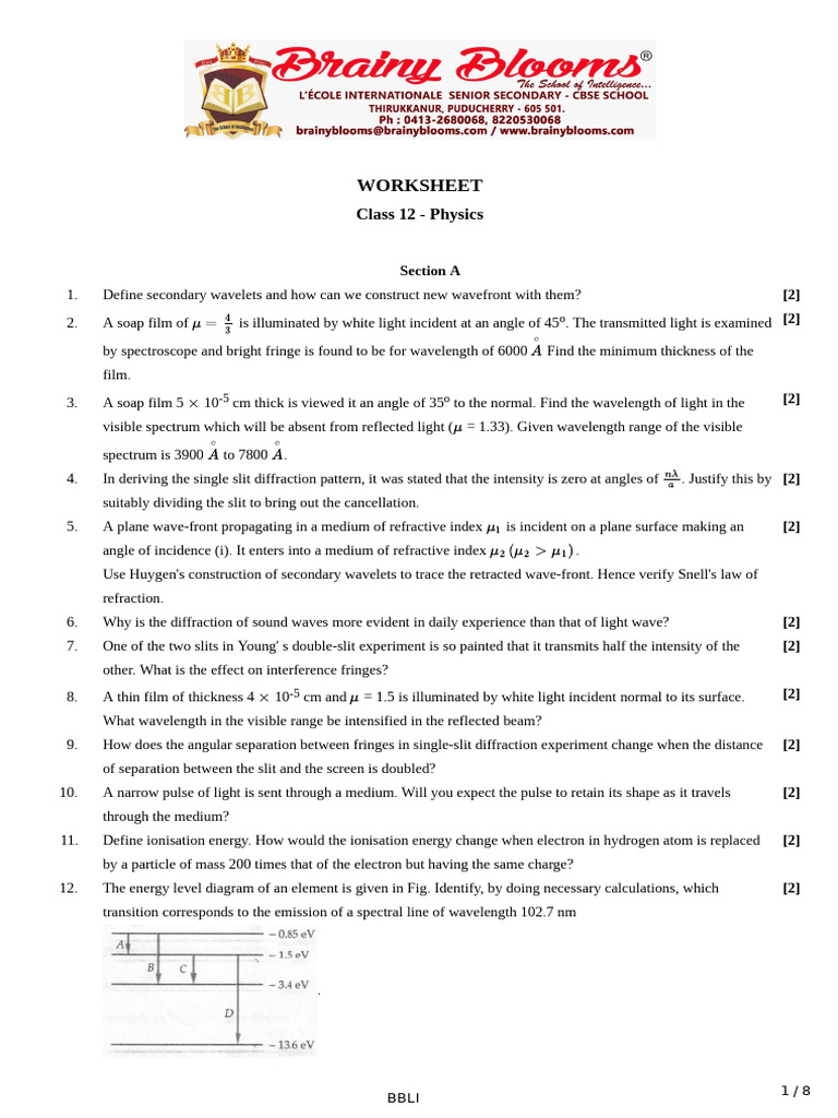 Class 12 Physics Wave Optics Worksheet | PDF | Diffraction | Electron