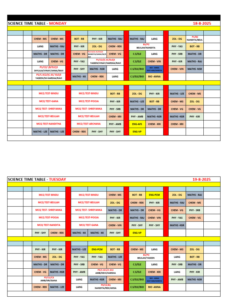Science Time Table 18-8-2025 | PDF