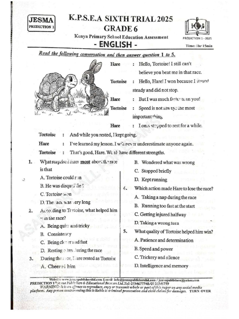 Kpsea Grade 6 Jesma Prediction Exams 2025 With Answers | PDF