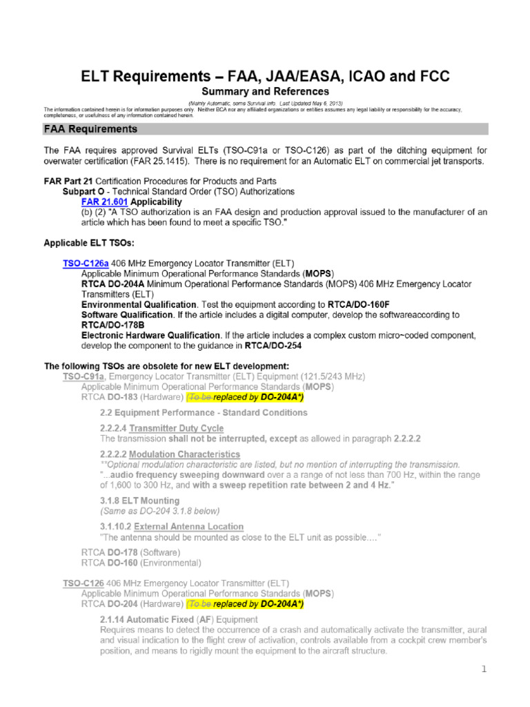Elt Requirements - Faa, Jaa - Easa, Icao, FCC | PDF