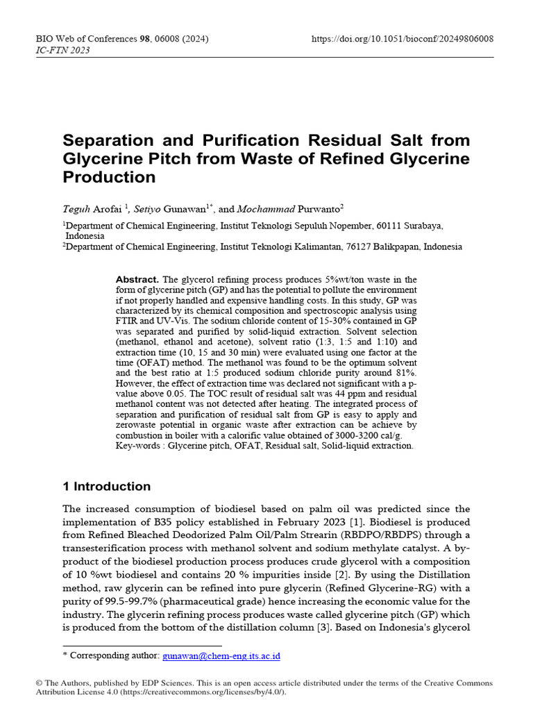 Separation and Purification Residual Salt From Glycerine Pitch From ...
