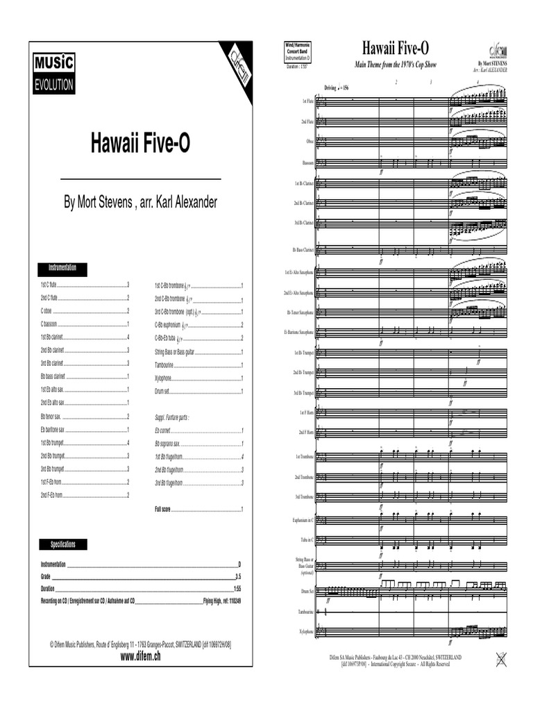 Hawaii Five-O Concert Band Arrangement | PDF | Saxophone | Woodwind ...
