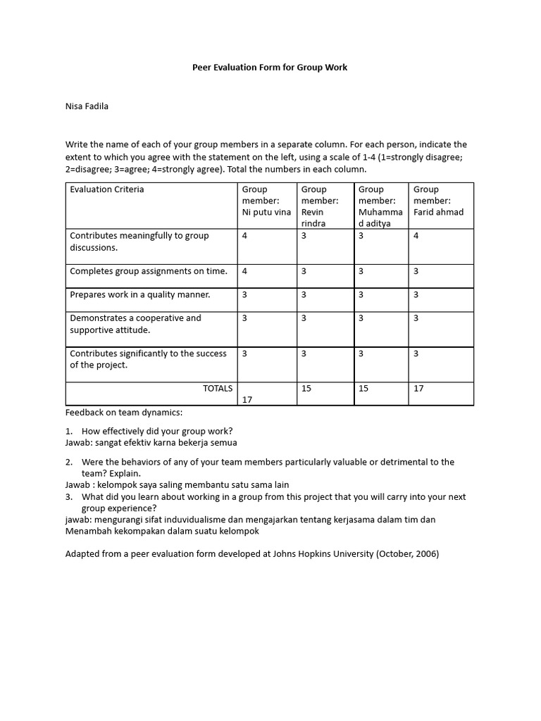 Peer Evaluation Form For Group Work | PDF