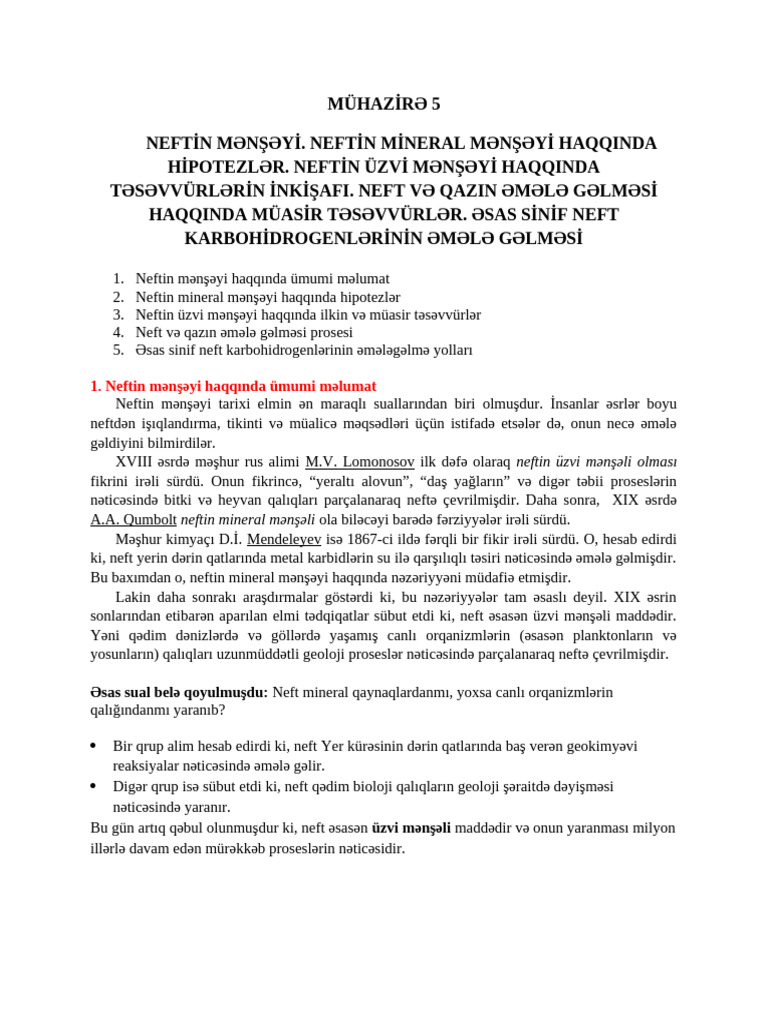Neftin Mənşəyi Haqqında Ümumi Məlumat | PDF