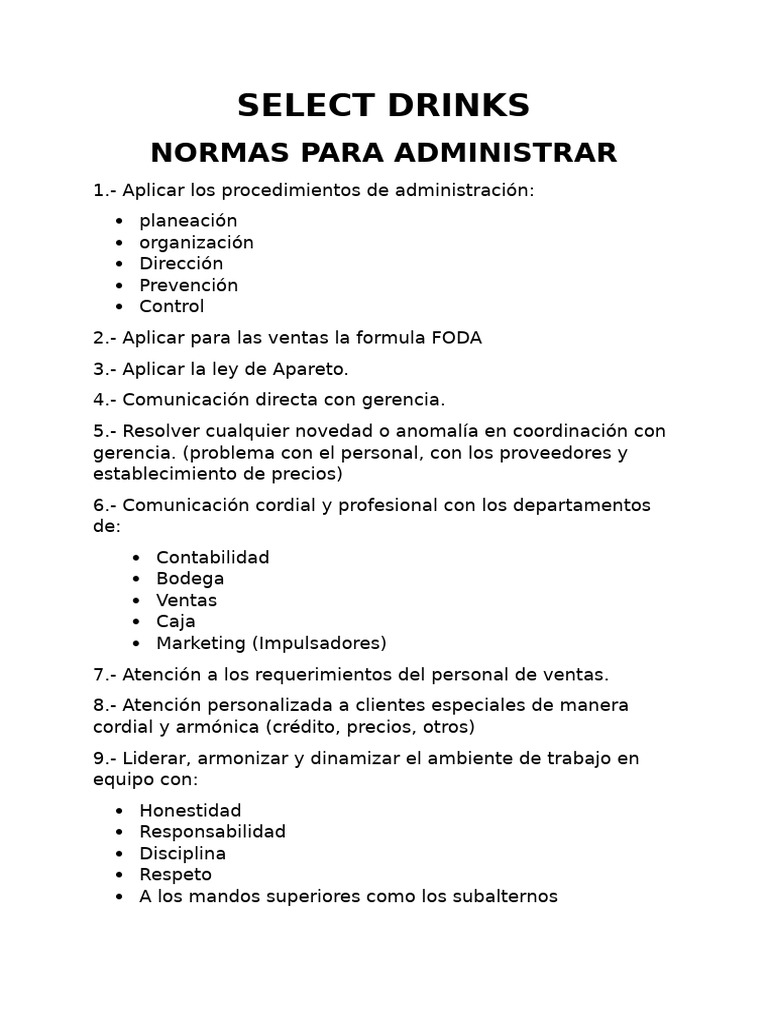 Normas de Administración en Select Drinks | PDF