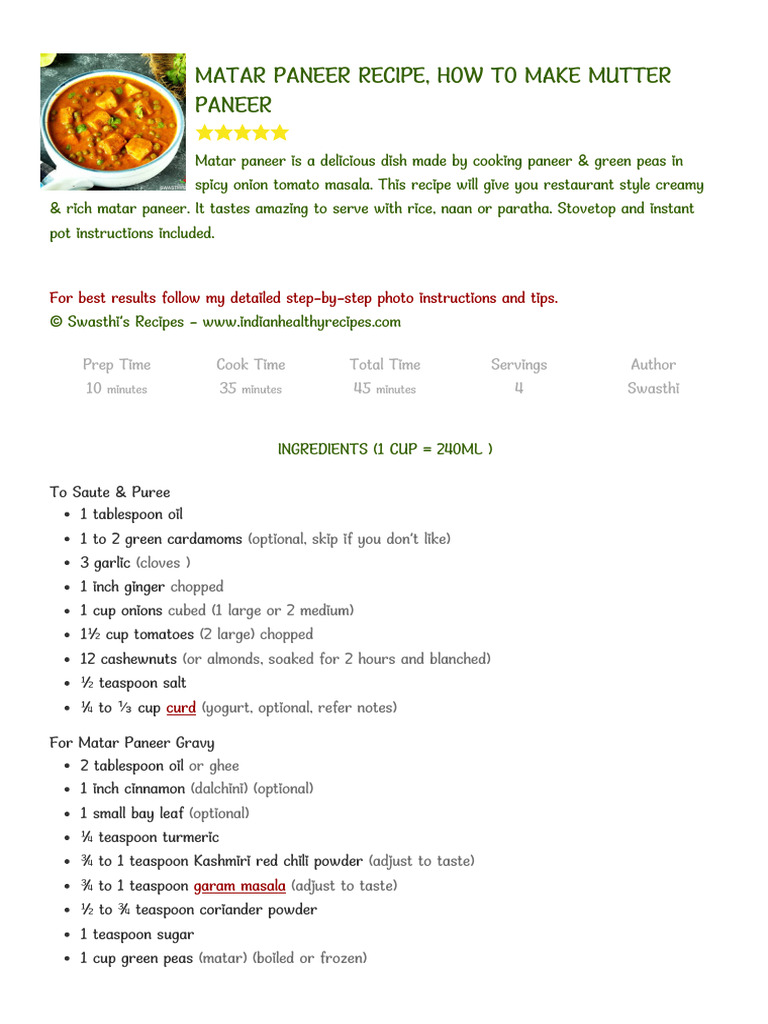 Matar Paneer Recipe, How To Make Mutter Paneer - Swasthi's Recipes ...