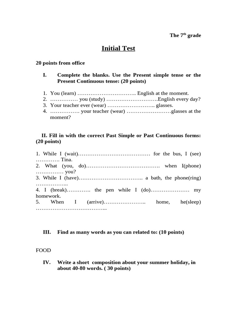 0 The 7th Grade Initial Test | PDF