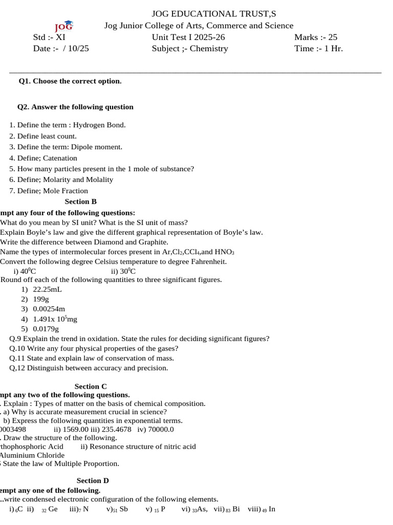 Chemistry Unit Test I for XI Students | PDF | Mole (Unit) | Chemistry