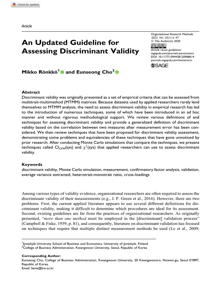 Ronkko Cho 2020 An Updated Guideline For Assessing Discriminant ...