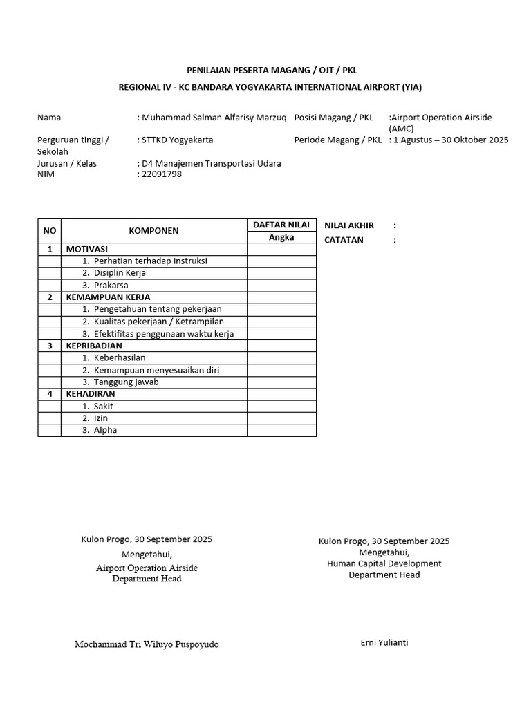 Penilaian Peserta Magang Baru (Salman) | PDF
