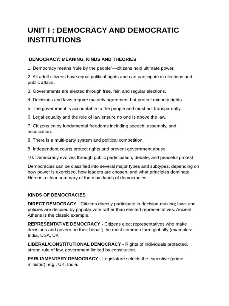 Unit I: Democracy and Democratic Institutions | PDF | Democracy ...
