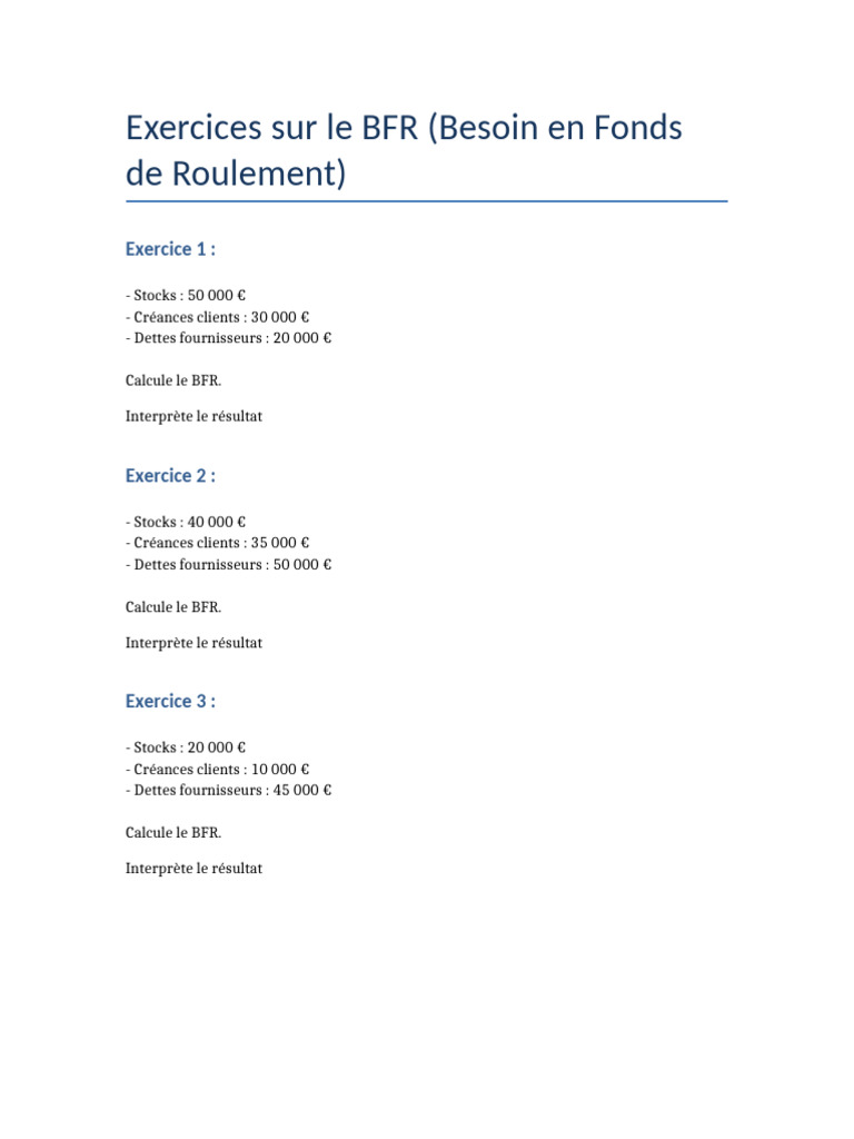 Exercices et Corrigés sur le BFR | PDF