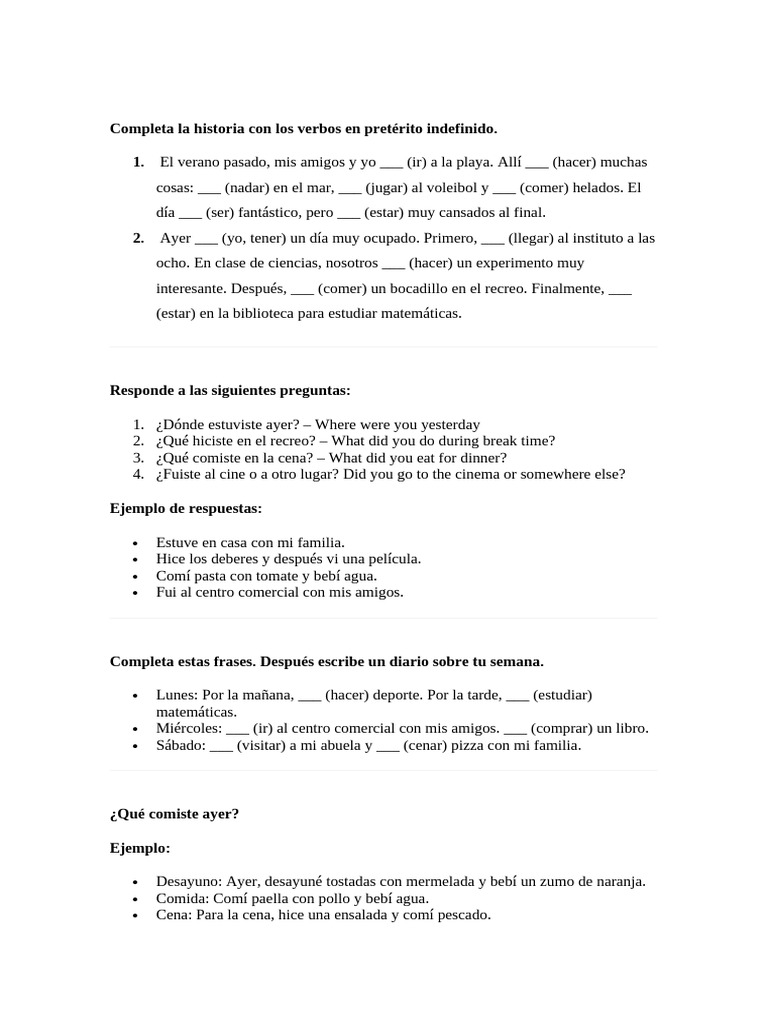 Ejercicios de pretérito indefinido en español | PDF