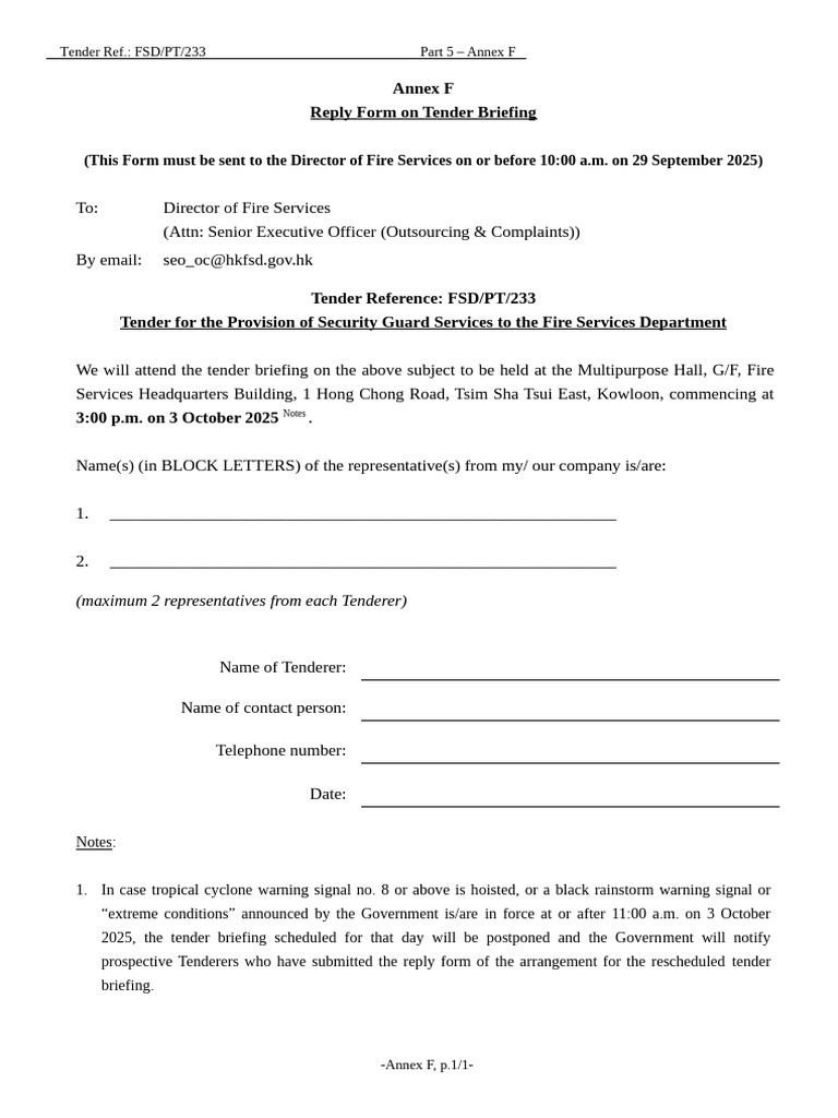 22 - Annex F - Reply Form On Tender Briefing | PDF