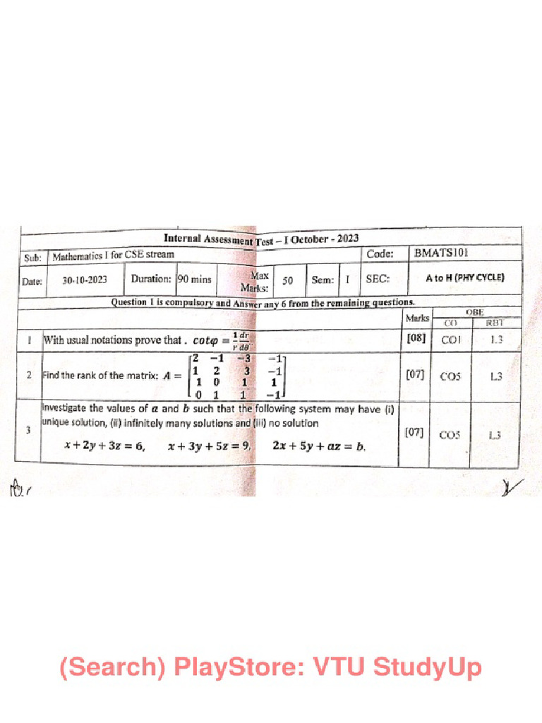 Queston Paper WTH Soluton of BMATS101 Engneerng Maths - BMATS101 | PDF ...