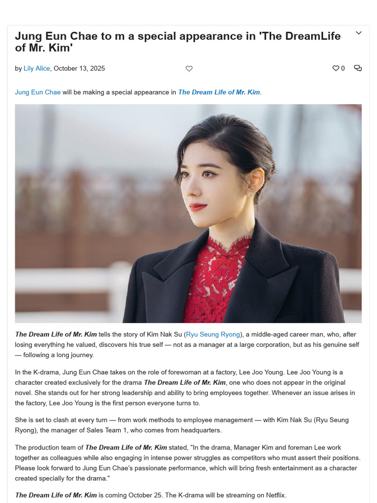 Jung Eun Chae To Make A Special Appearance in 'The Dream Life of Mr. Kim' - MyDramaList Ne | PDF