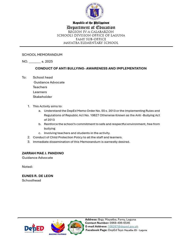 Anti-Bullying Awareness Memo 2025 | PDF