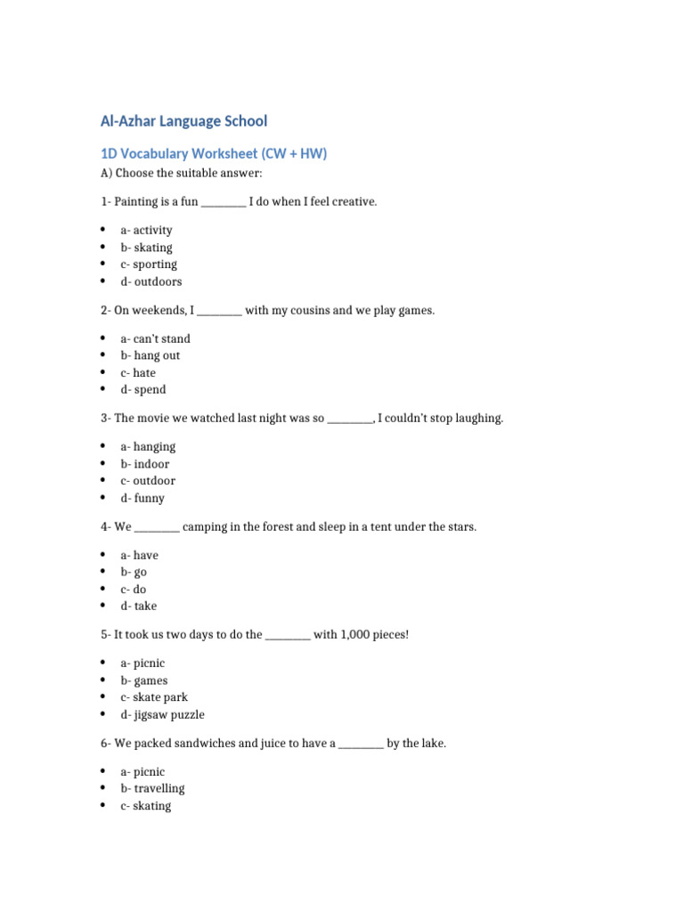 1D Vocabulary Worksheet Primary | PDF