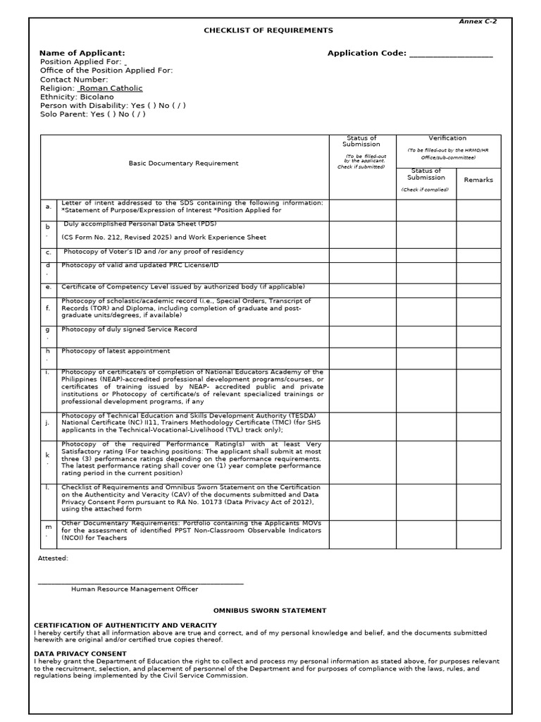 ANNEX C Checklist of Requirements and Omnibus Sworn Statement | PDF