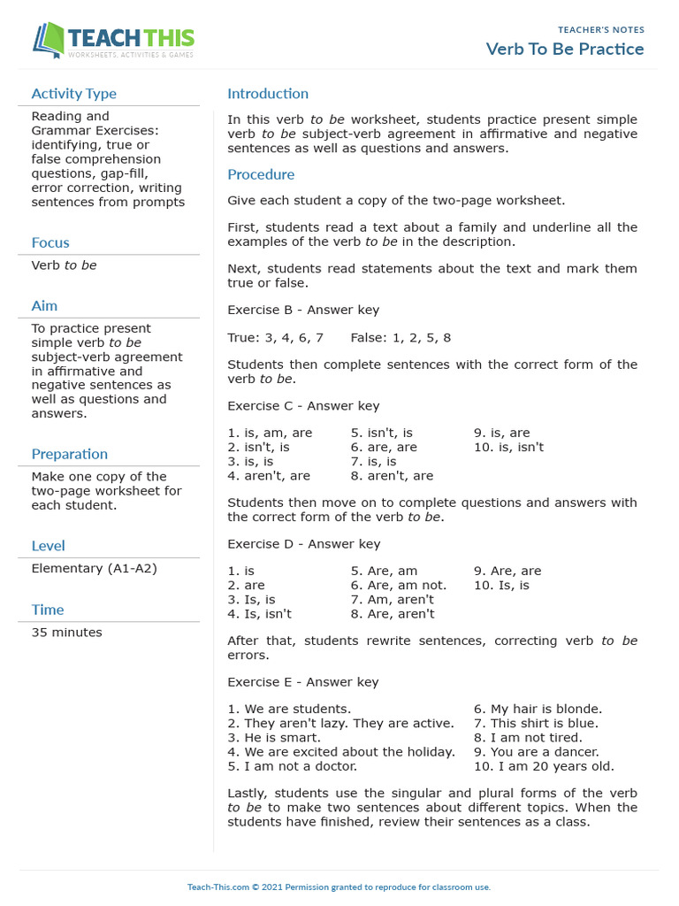 Verb To Be Worksheet for Students | PDF | Grammar | Syntax