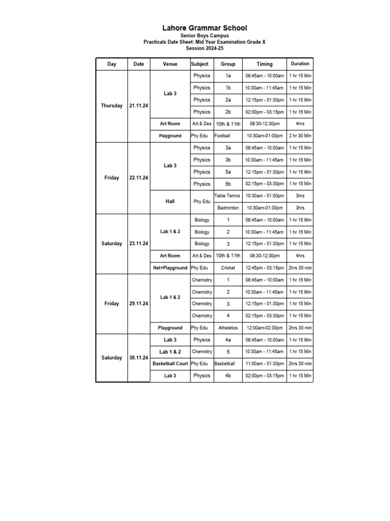 Practicals Date Sheet Grade 10 2024-25 1 | PDF