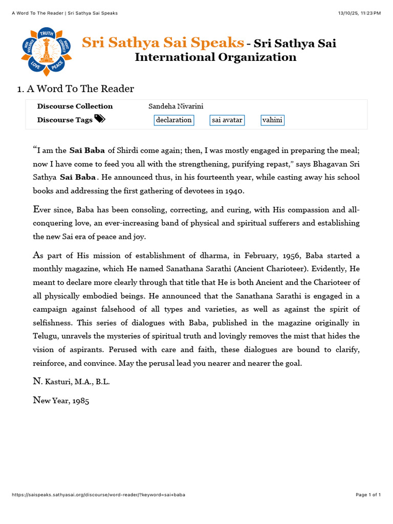 A Word To The Reader - Sri Sathya Sai Speaks | PDF