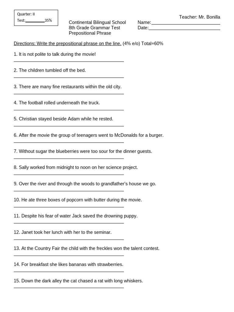 8th Grade Grammar Test on Prepositions | PDF