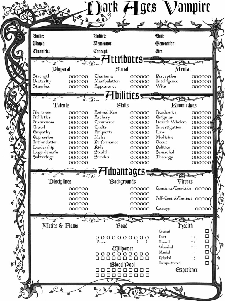 Character Sheet - 20th Dark Ages | PDF | Role Playing Games | Tabletop Games