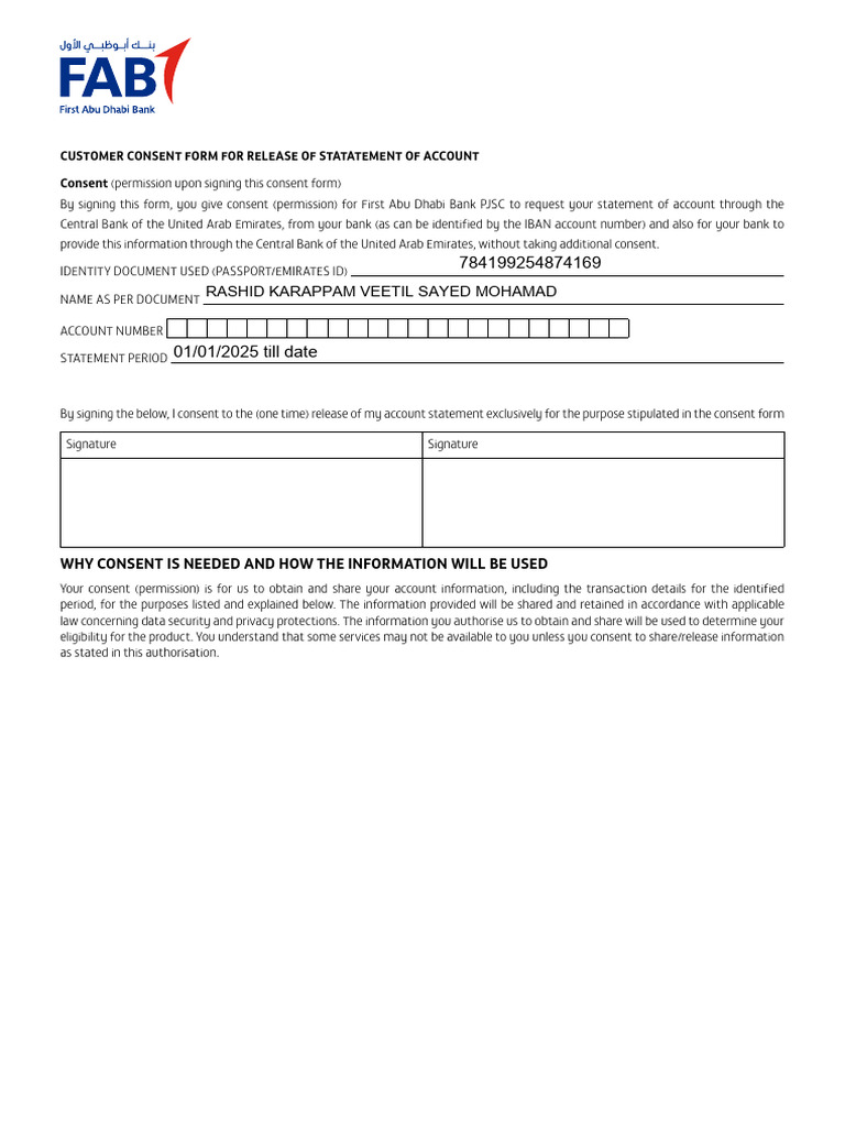 Customer Consent Form - Rashid Karappam Veetil Sayed Mohamad | PDF
