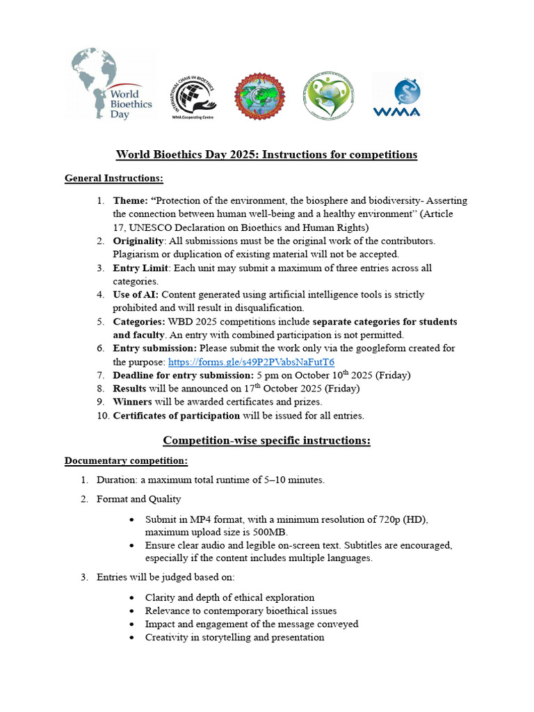 World Bioethics Day 2025: Instructions For Competitions | PDF