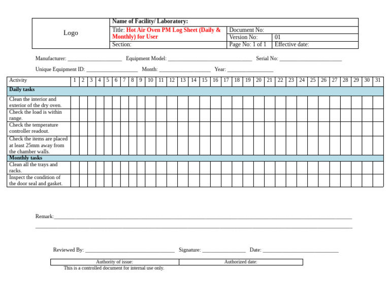 Hot Air Oven PM Log Sheet Template | PDF