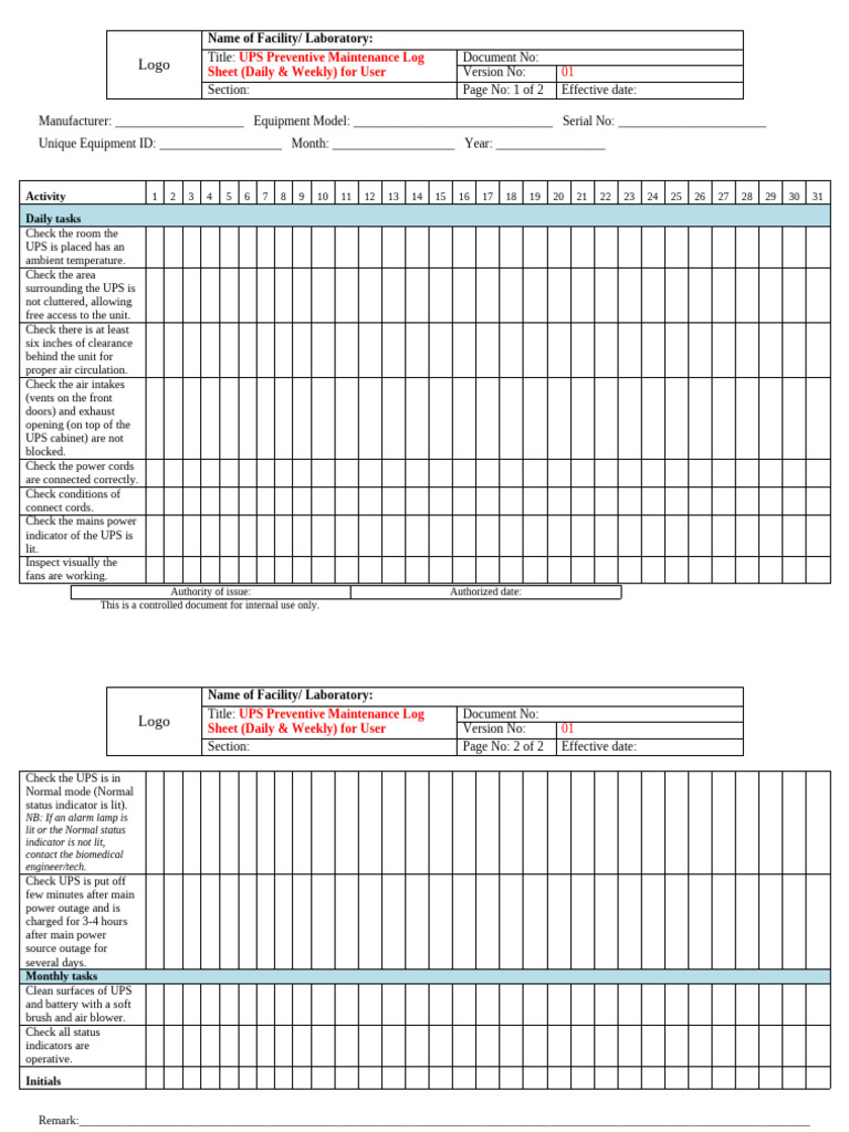 UPS Preventive Maintenance Log Sheet | PDF