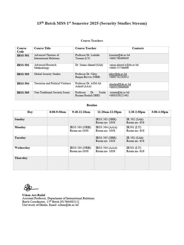 (SS) 15th Batch MSS 1st Semester Class Routine 2025 | PDF
