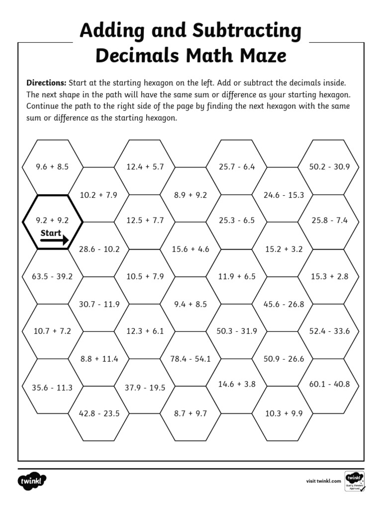 Adding and Subtracting Decimals Hexagon Math Maze | PDF