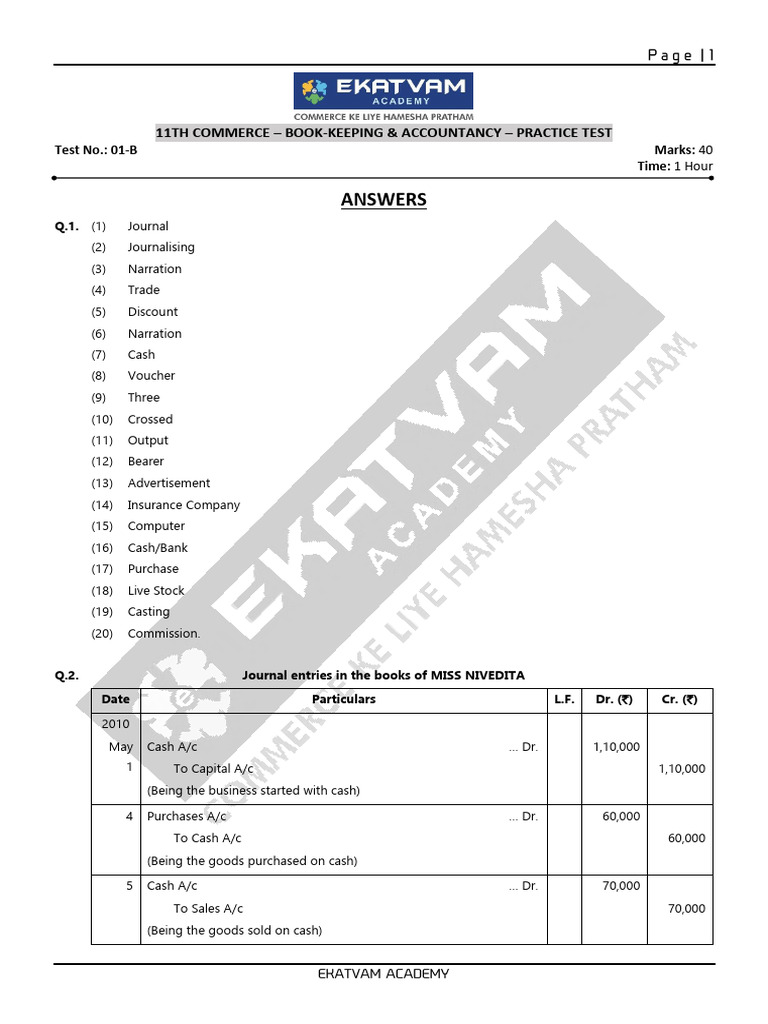 Bookkeeping Practice Test for 11th Commerce | PDF | Private Sector ...
