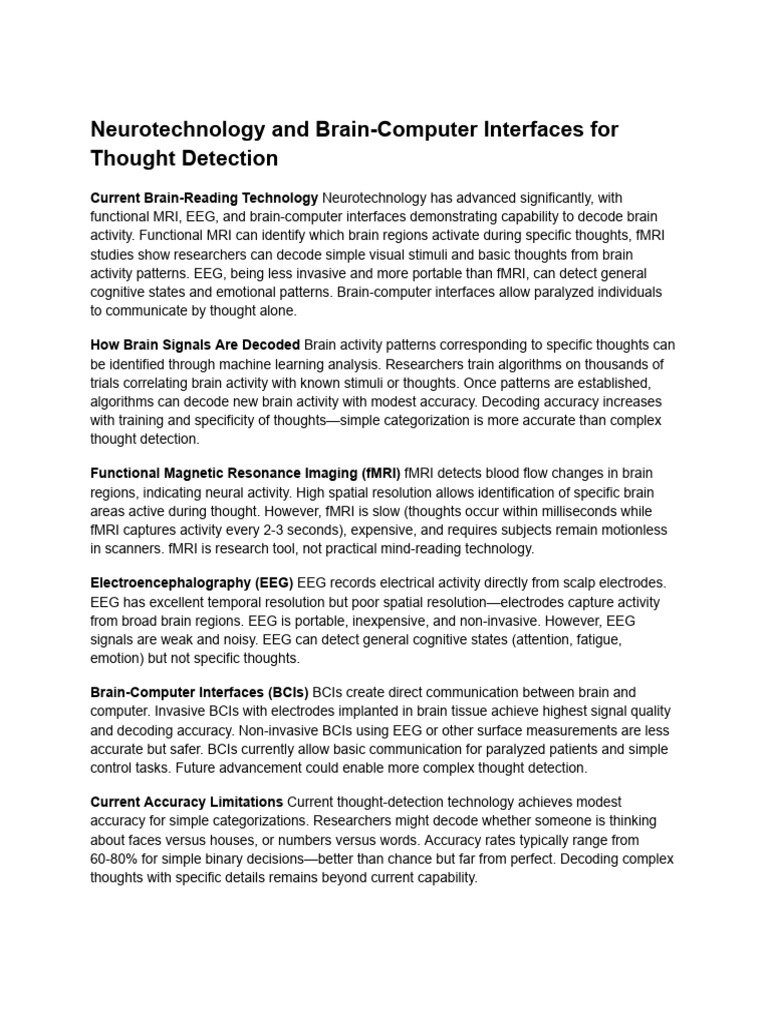 Neurotechnology and Brain-Computer Interfaces For Thought Detection | PDF | Functional Magnetic ...