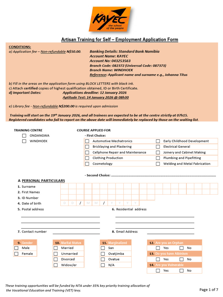 Artisan Training Application Form | PDF | Disability