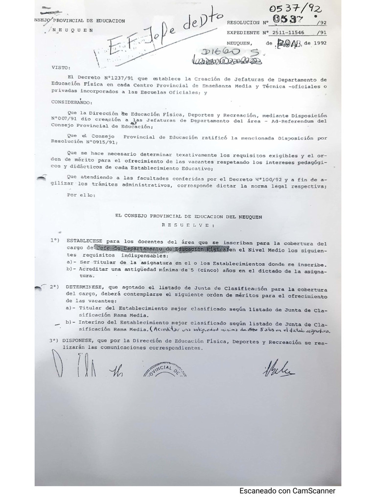 Res. 537-92 Jefe de Dto Ed. Física | PDF