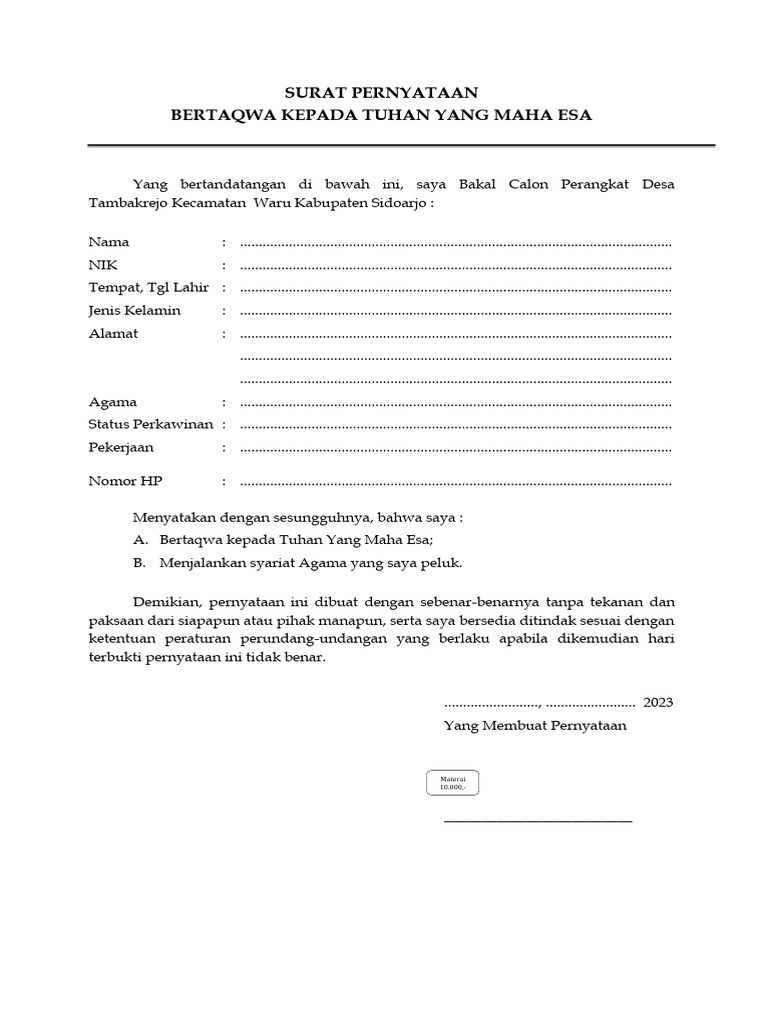 Surat Pernyataan Berta'wa untuk Calon Perangkat Desa | PDF