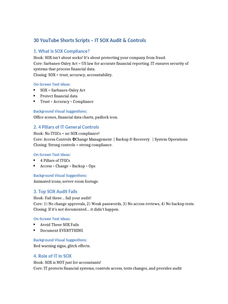 SOX Audit Scripts for YouTube Shorts | PDF | Regulatory Compliance ...