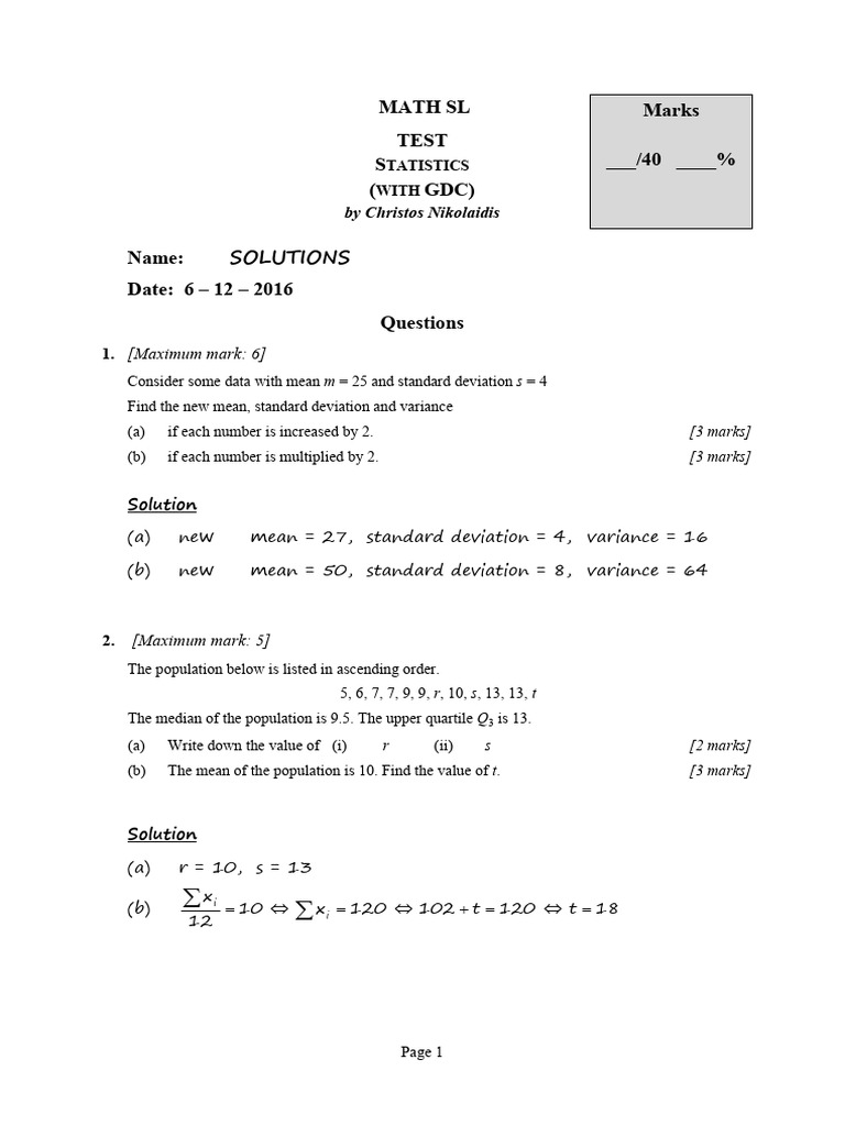 Math SL Test Solutions: Statistics GDC | PDF | Standard Deviation | Mean