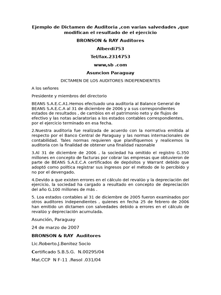 Dictamen de Auditoría con Salvedades | PDF