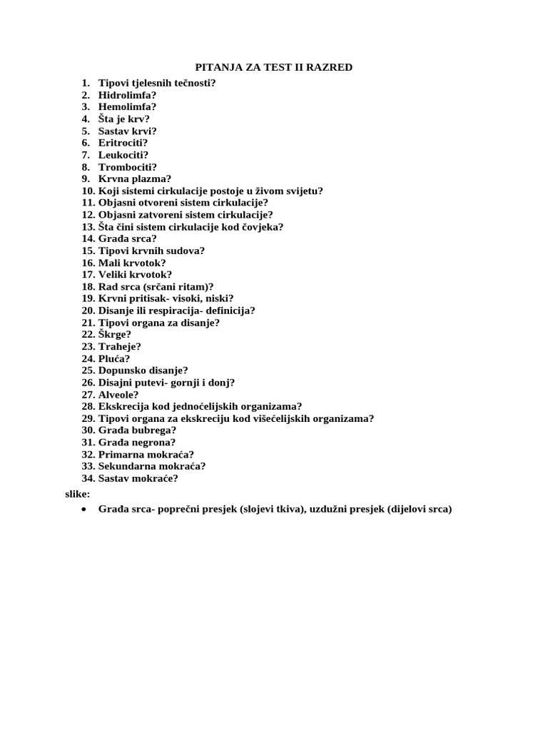 Pitanja Za Test II Razred Kraj 2025 | PDF